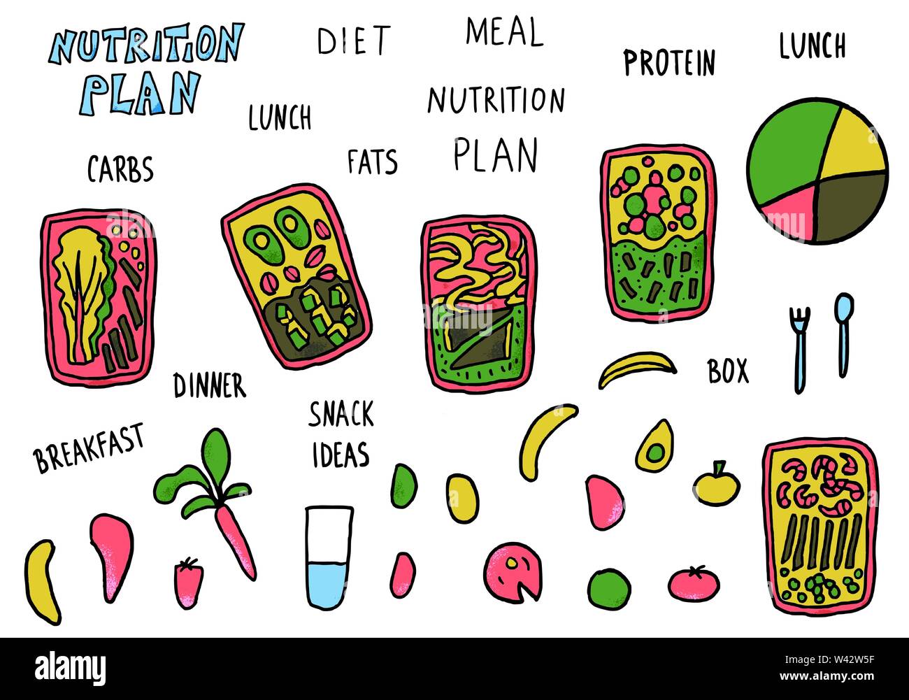 Lunch boxes and food. Healthy homemade meals in doodle style isolated ...