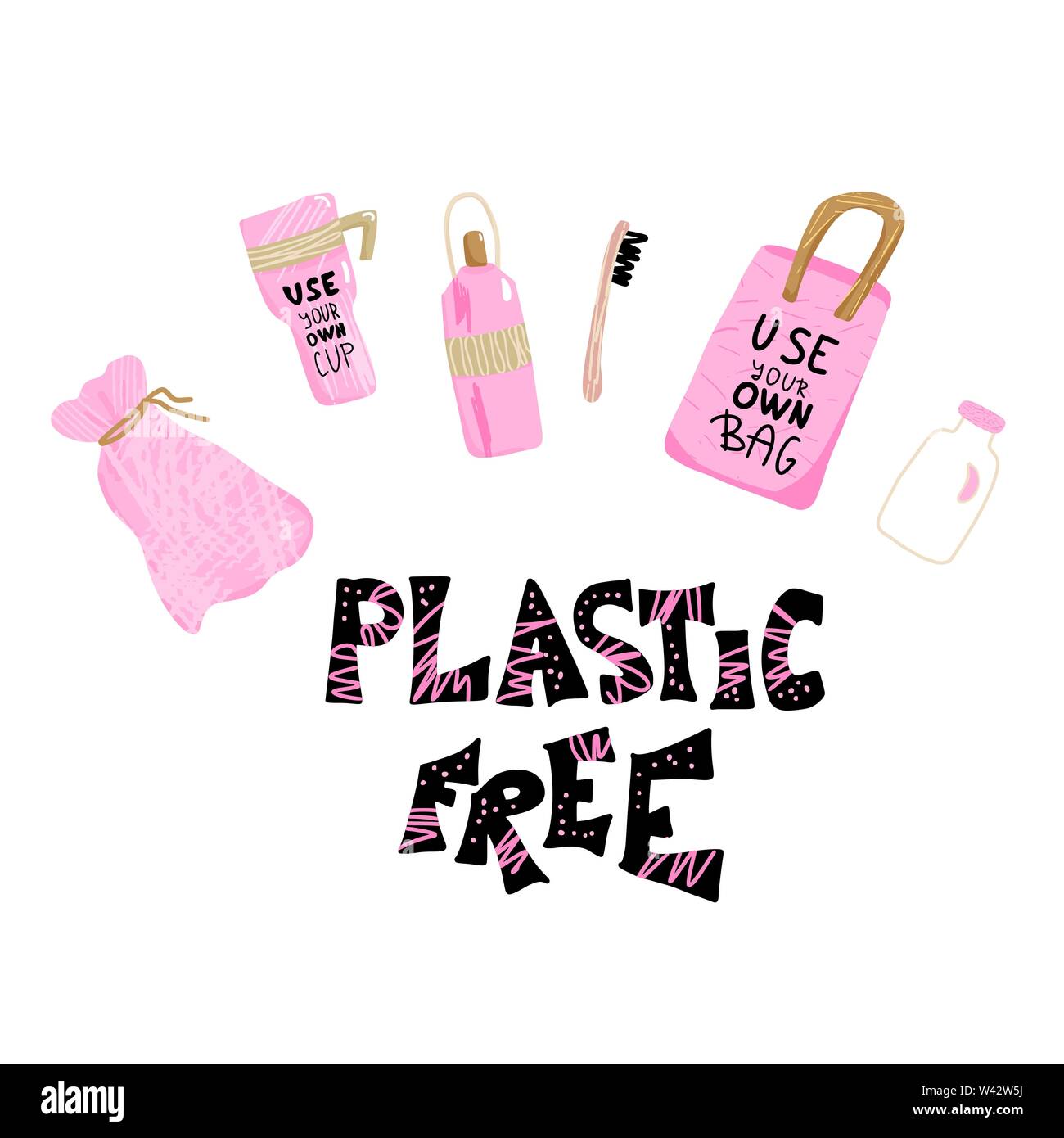 Plastic free concept. Quote with eco lifestyle elements isolated on white background. Emblem ...