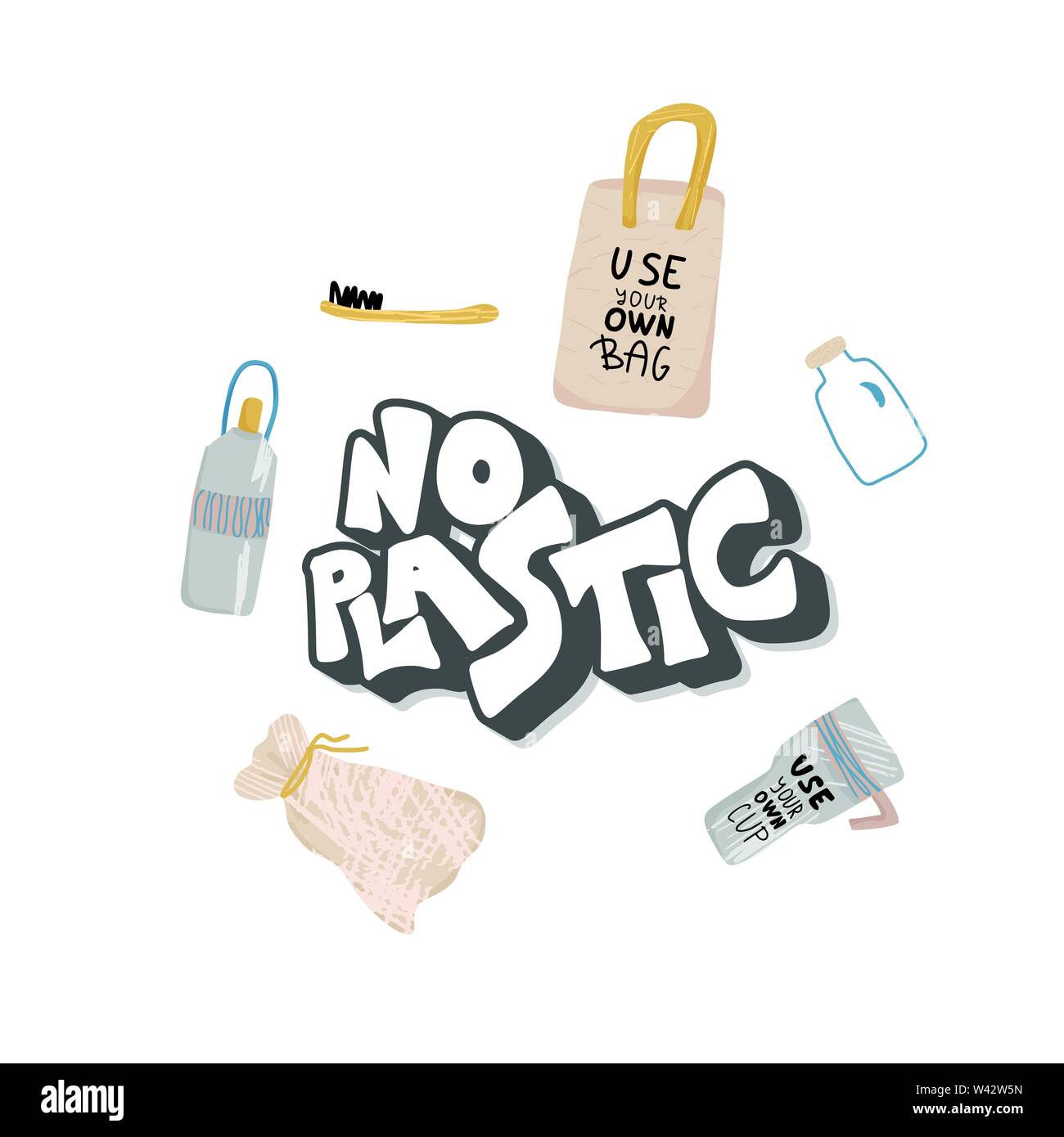 No plastic concept. Quote with eco lifestyle elements isolated on white ...