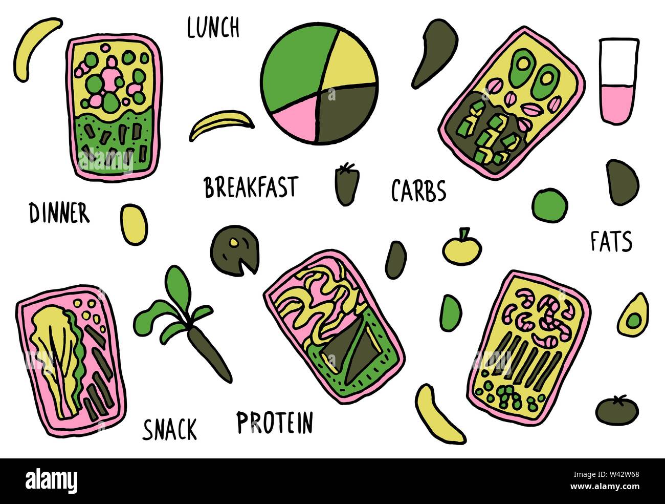 Lunch boxes and food set. Healthy homemade meals in doodle style ...