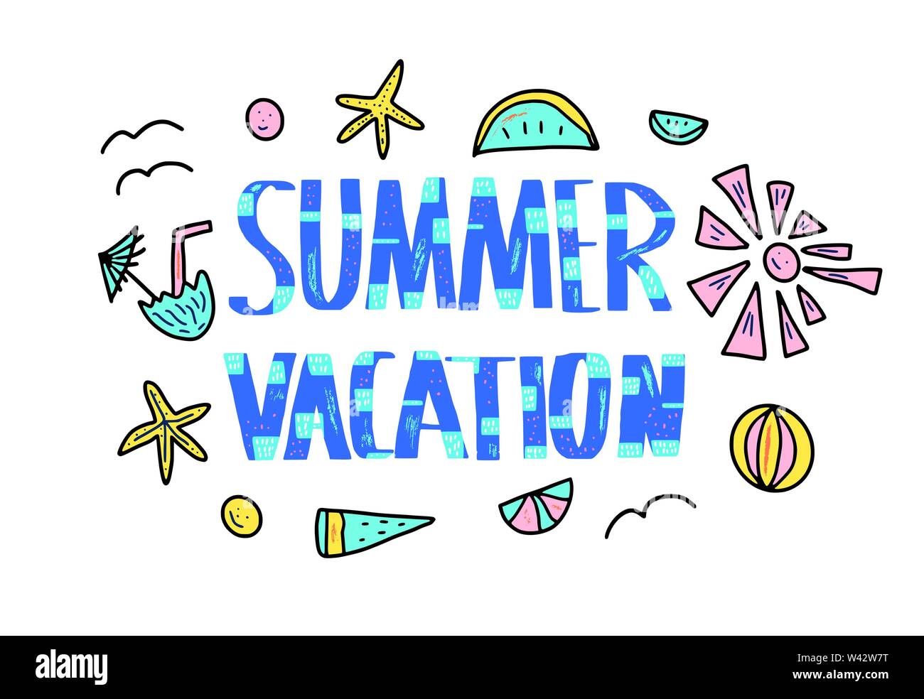 Summer vacation concept. Handwritten lettering with summer symbols in ...