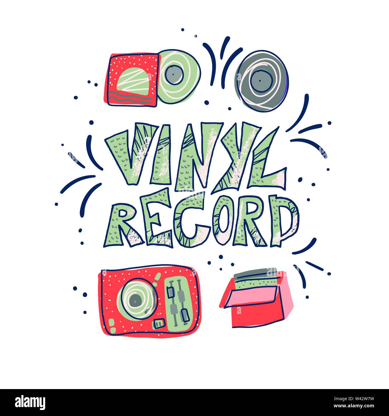 Vinyl record concept. Emblem with lettering and musical symbols. Vector ...