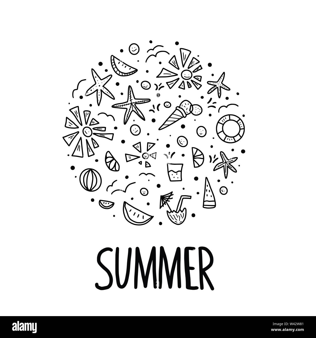 Summer round concept. Handwritten lettering with summer symbols in ...