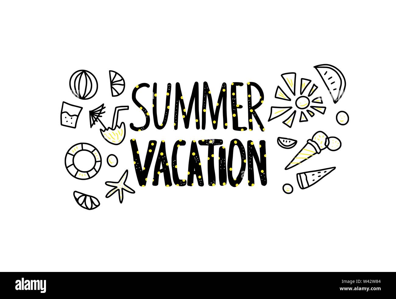 Summer vacation concept. Handwritten lettering with summer symbols in ...