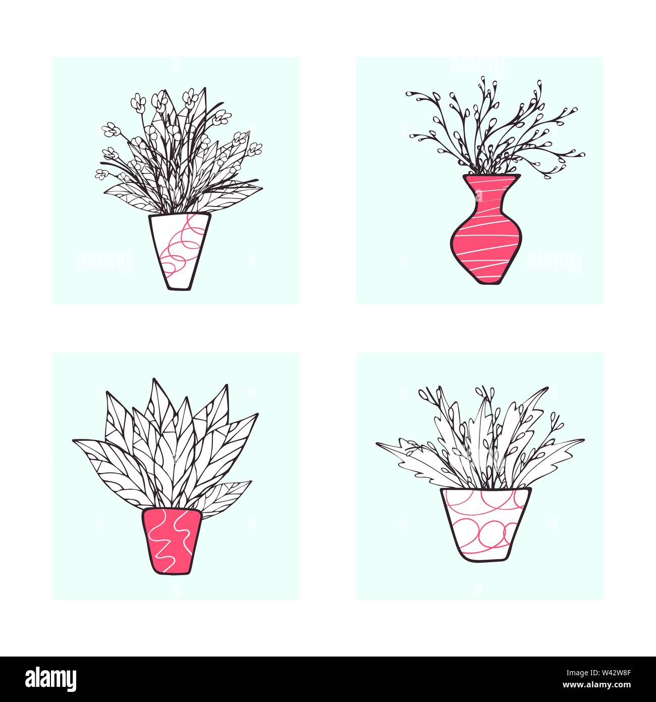 Set of vases with bunch of flowers in doodle style. Vector illustration ...