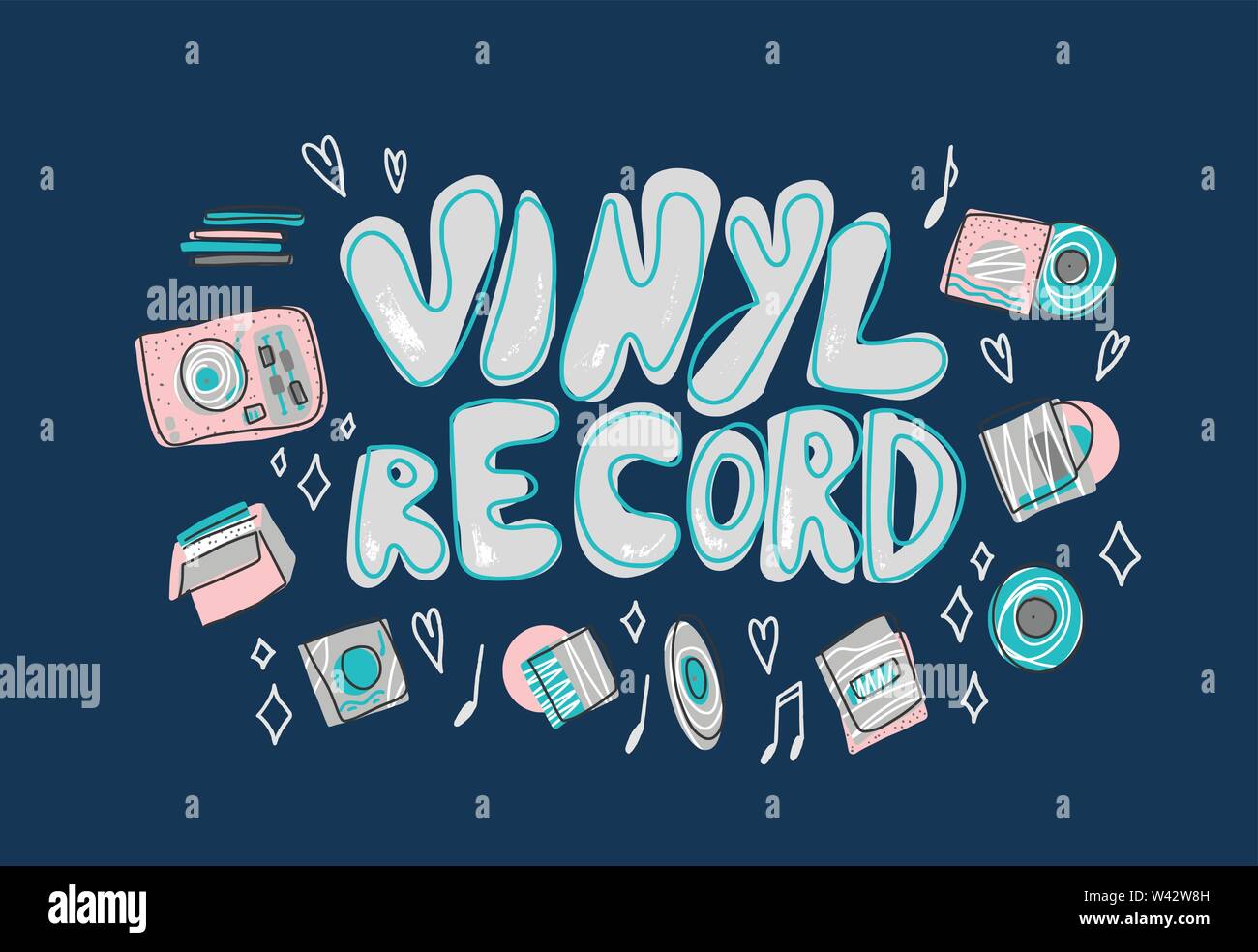 Vinyl record emblem isoalted. Phrase with music symbols in flat style ...