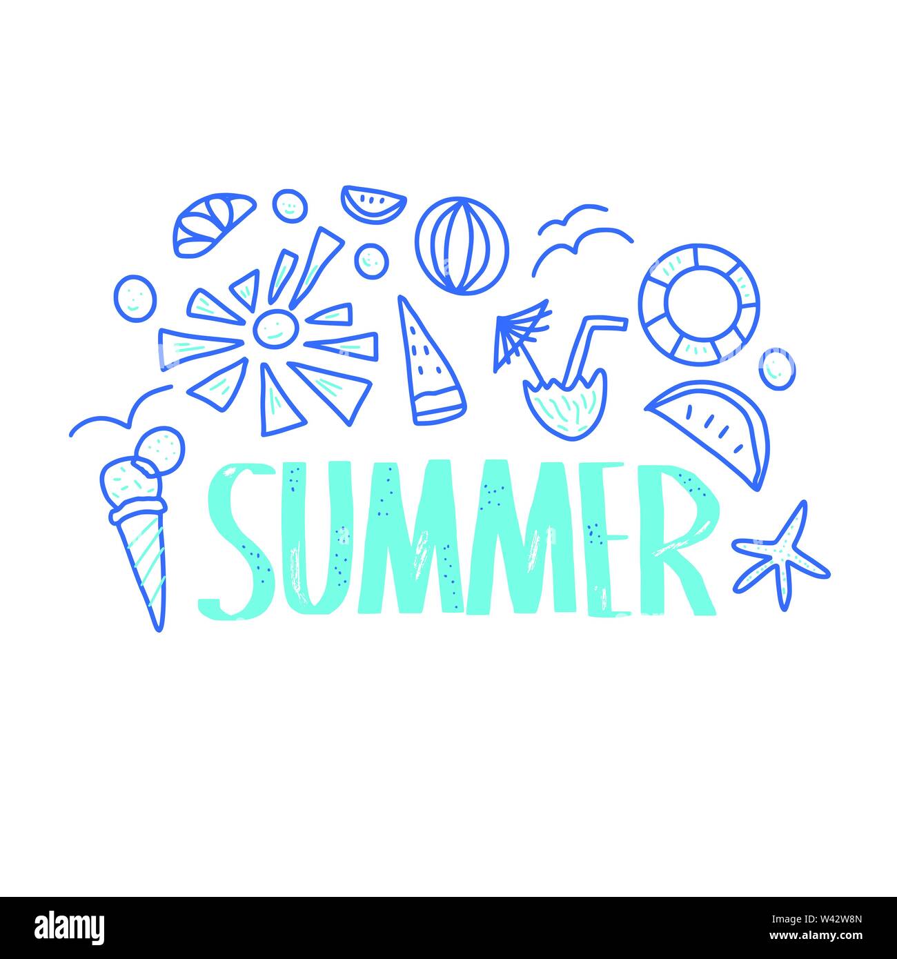 Summer concept. Handwritten lettering with summer symbols in doodle ...