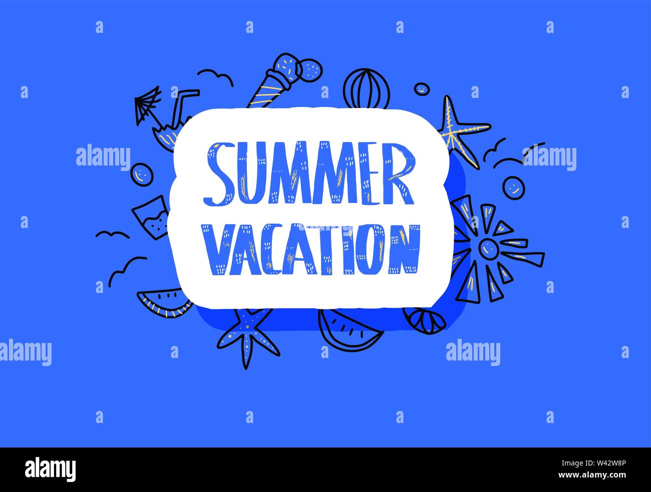 Summer vacation concept. Handwritten lettering with summer symbols in ...