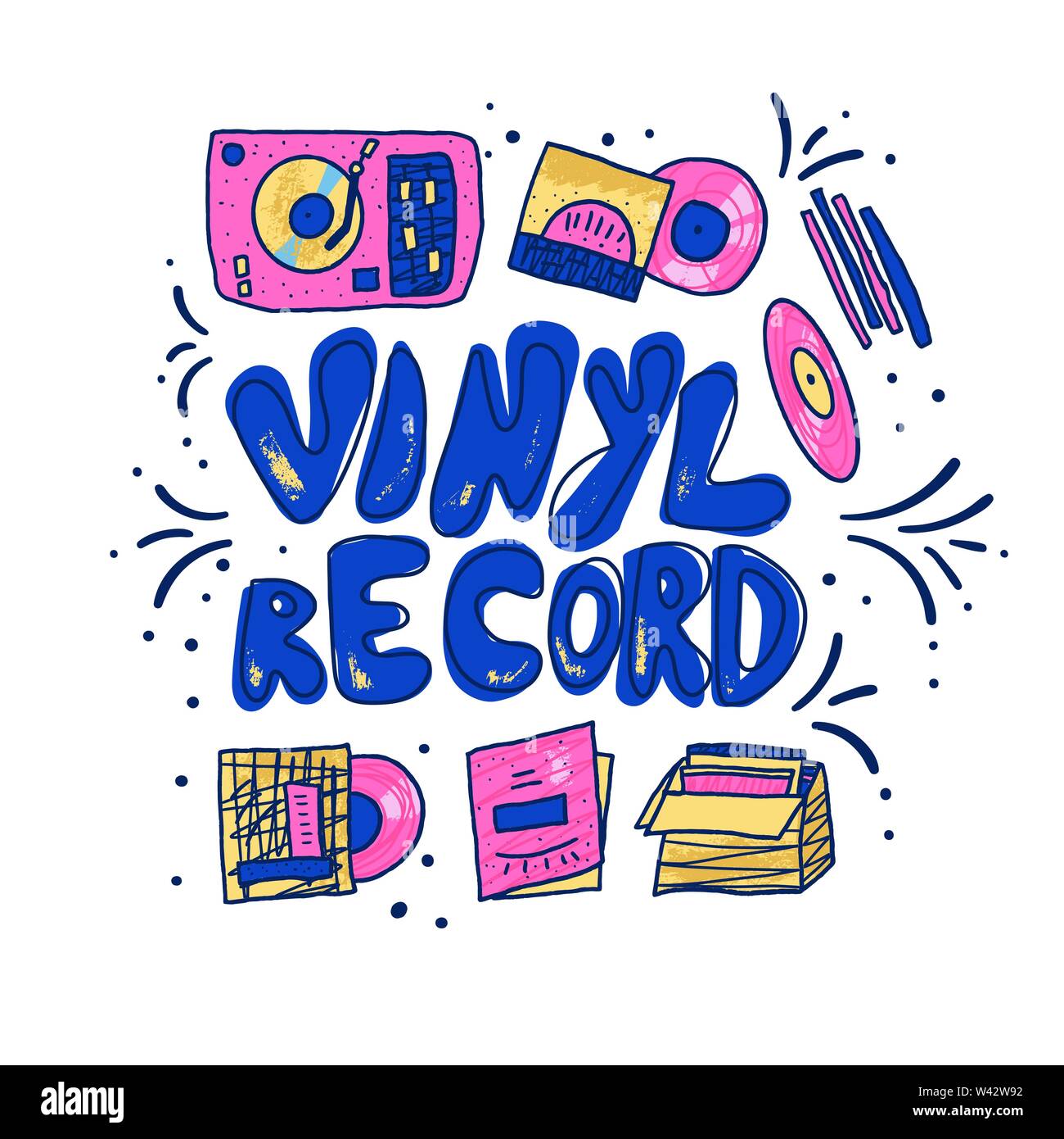 Vinyl record concept. Emblem with lettering and musical symbols. Vector ...
