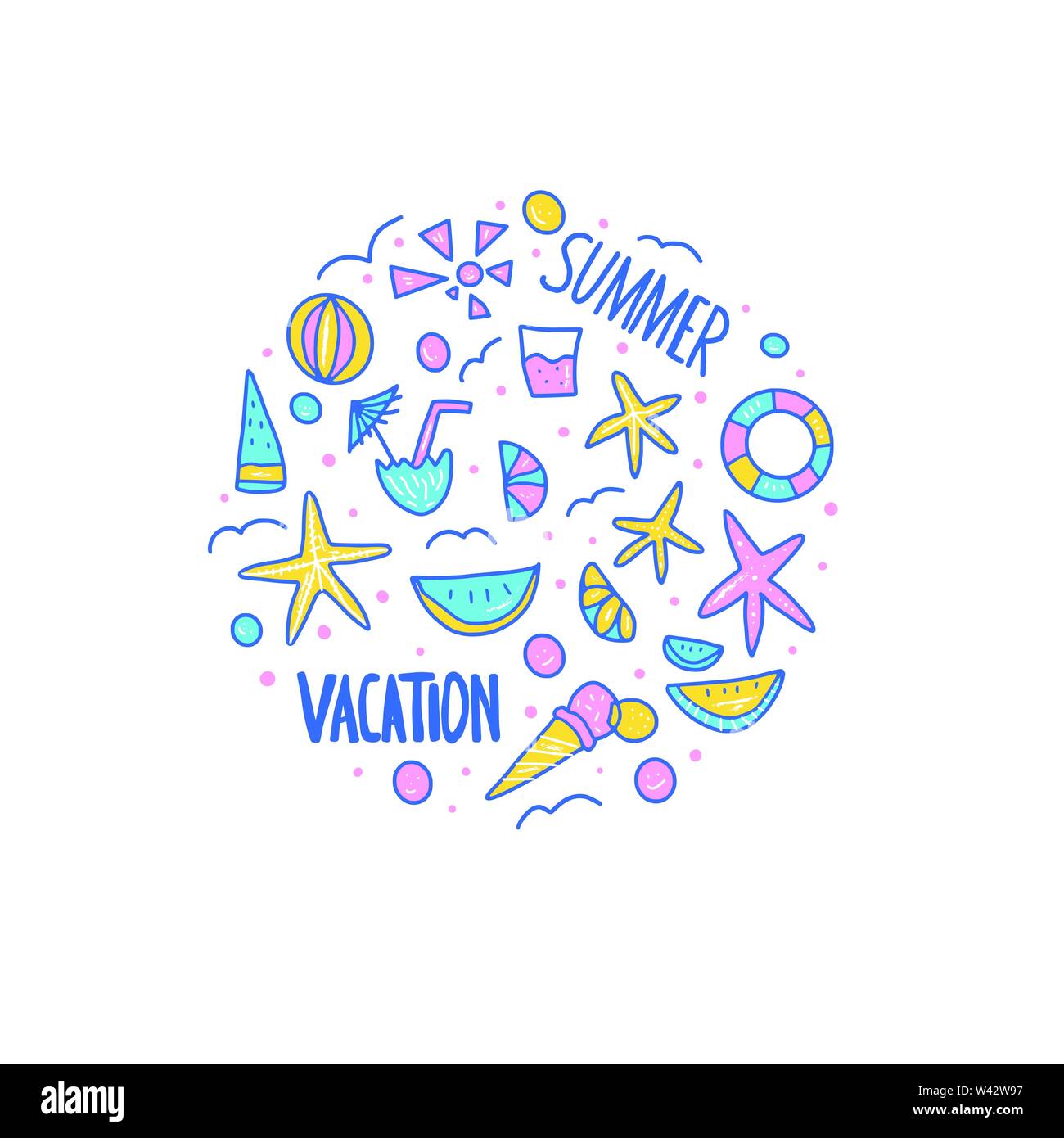 Summer vacation round concept. Handwritten lettering with summer ...