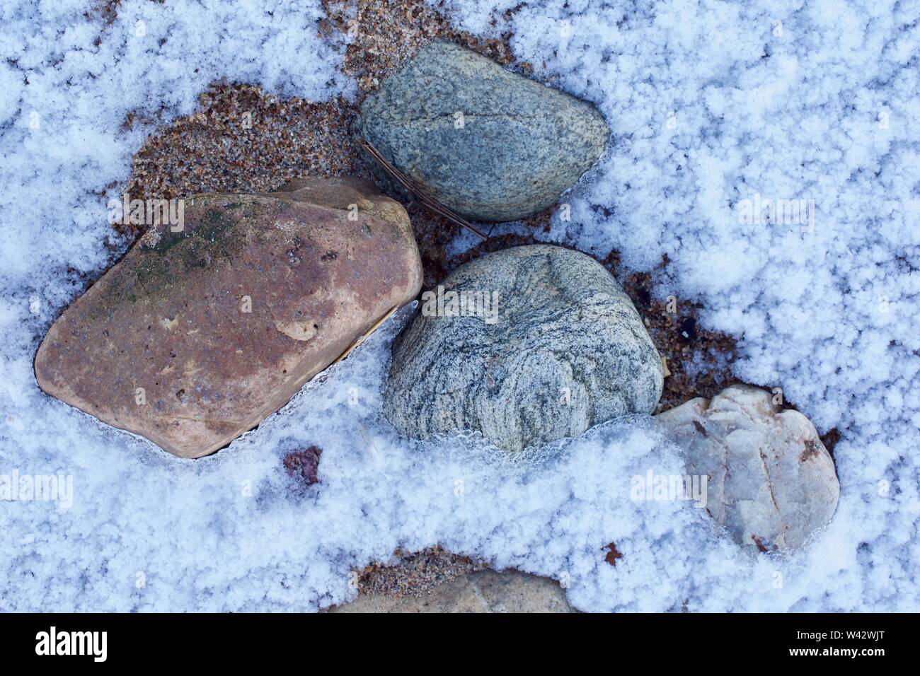 Four Rounded Beach Pebbles of Granite and Migmatite on a Frosty Beach ...