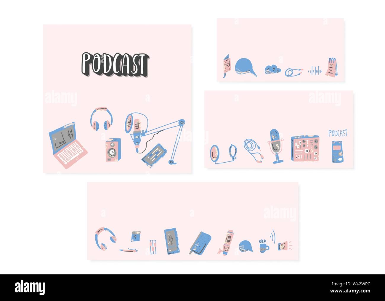 Podcast banners templates with handwritten lettering and decoration ...
