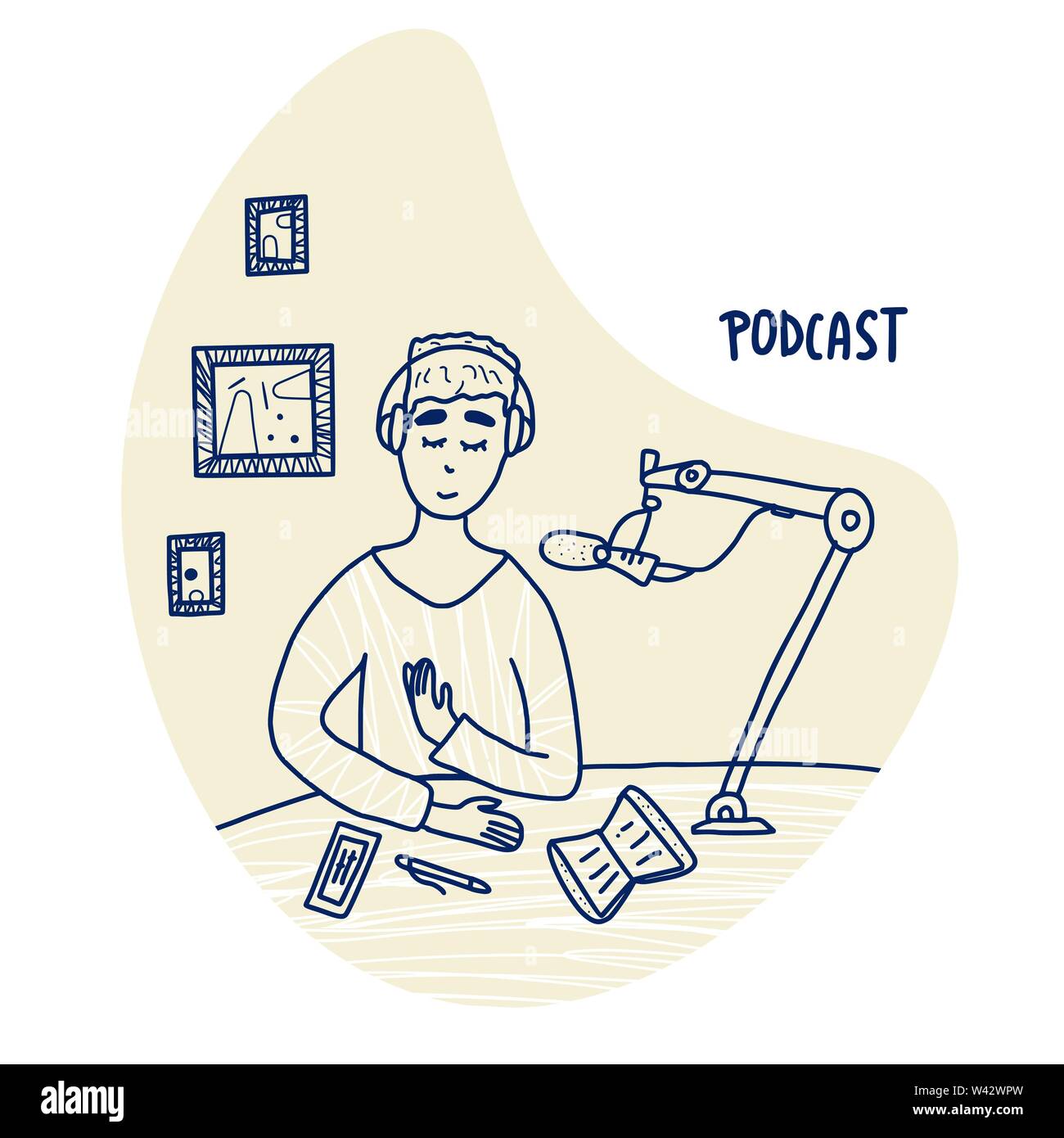 Boy recording a podcast in a studio. Podcaster concept in doodle style ...