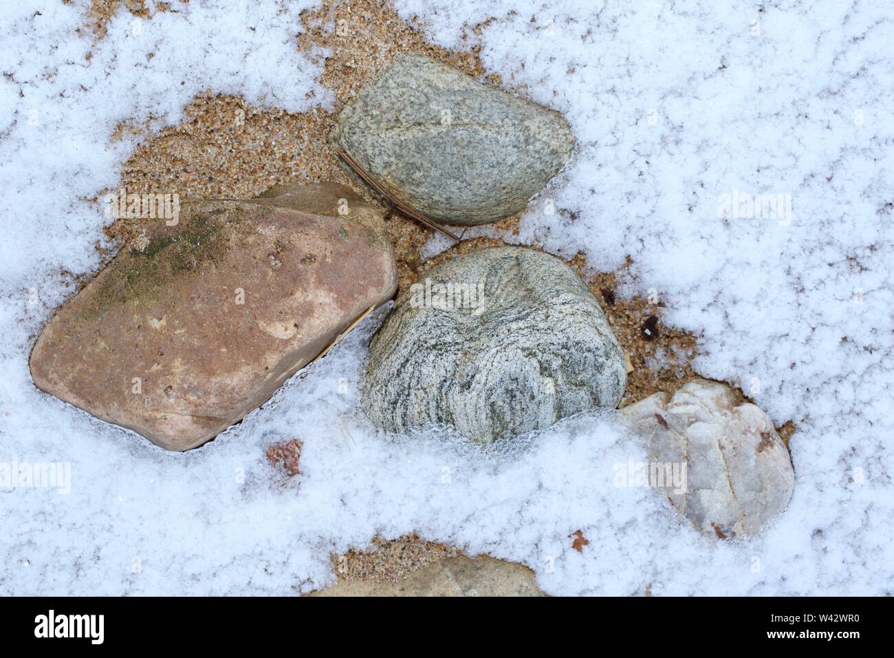 Four Rounded Beach Pebbles of Granite and Migmatite on a Frosty Beach ...