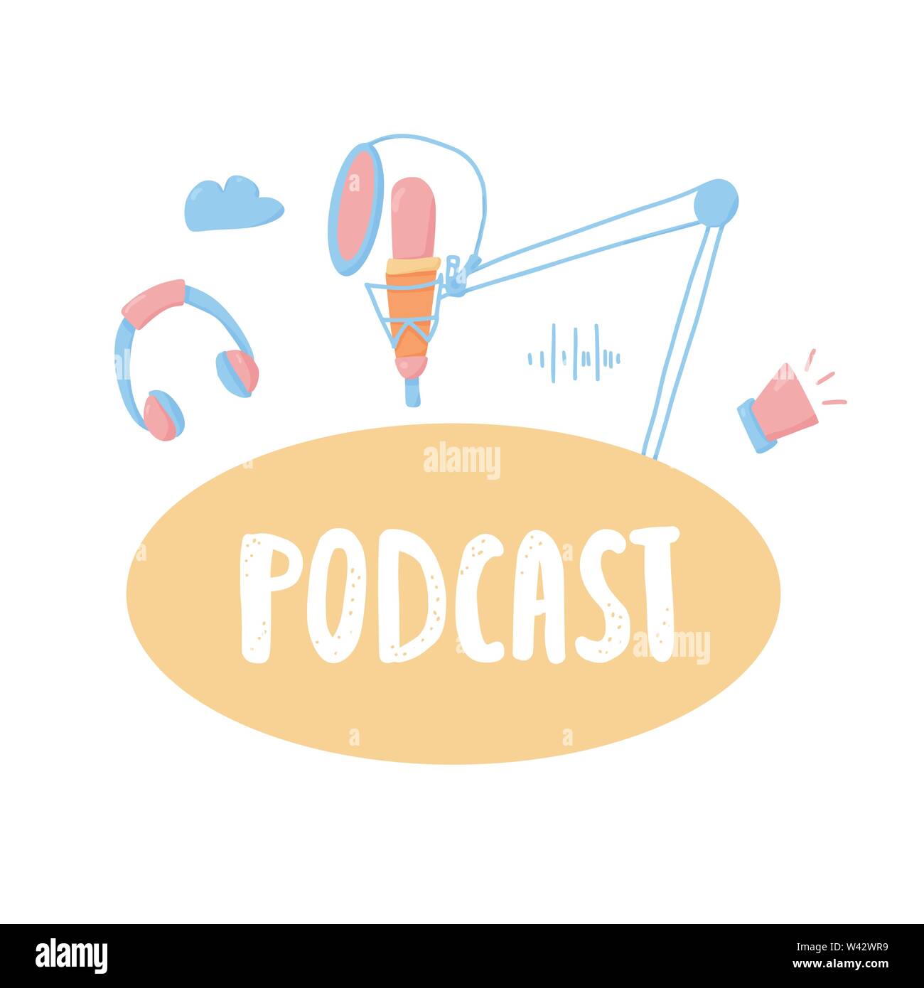 Podcast emblem with handwritten lettering and decoration. Text and ...