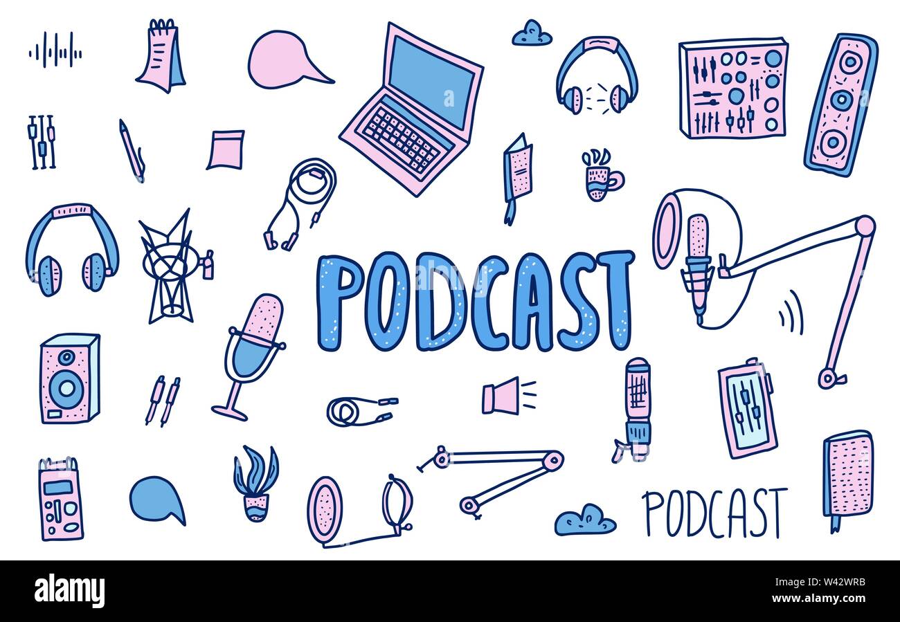 Vector podcasts elements and lettering in doodle syle. Text and ...