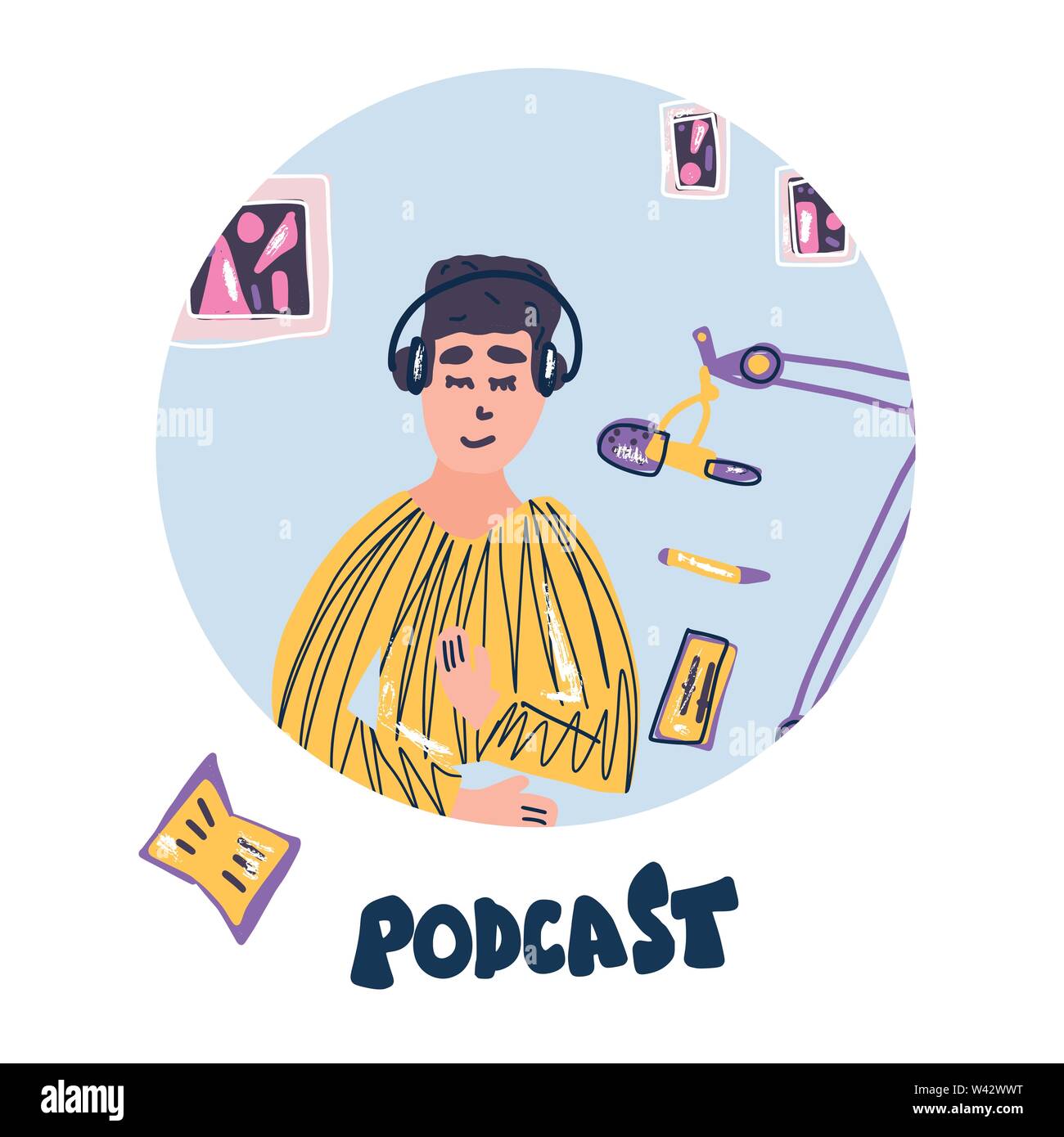 Young man recording a podcast in a studio. Podcaster round concept with ...