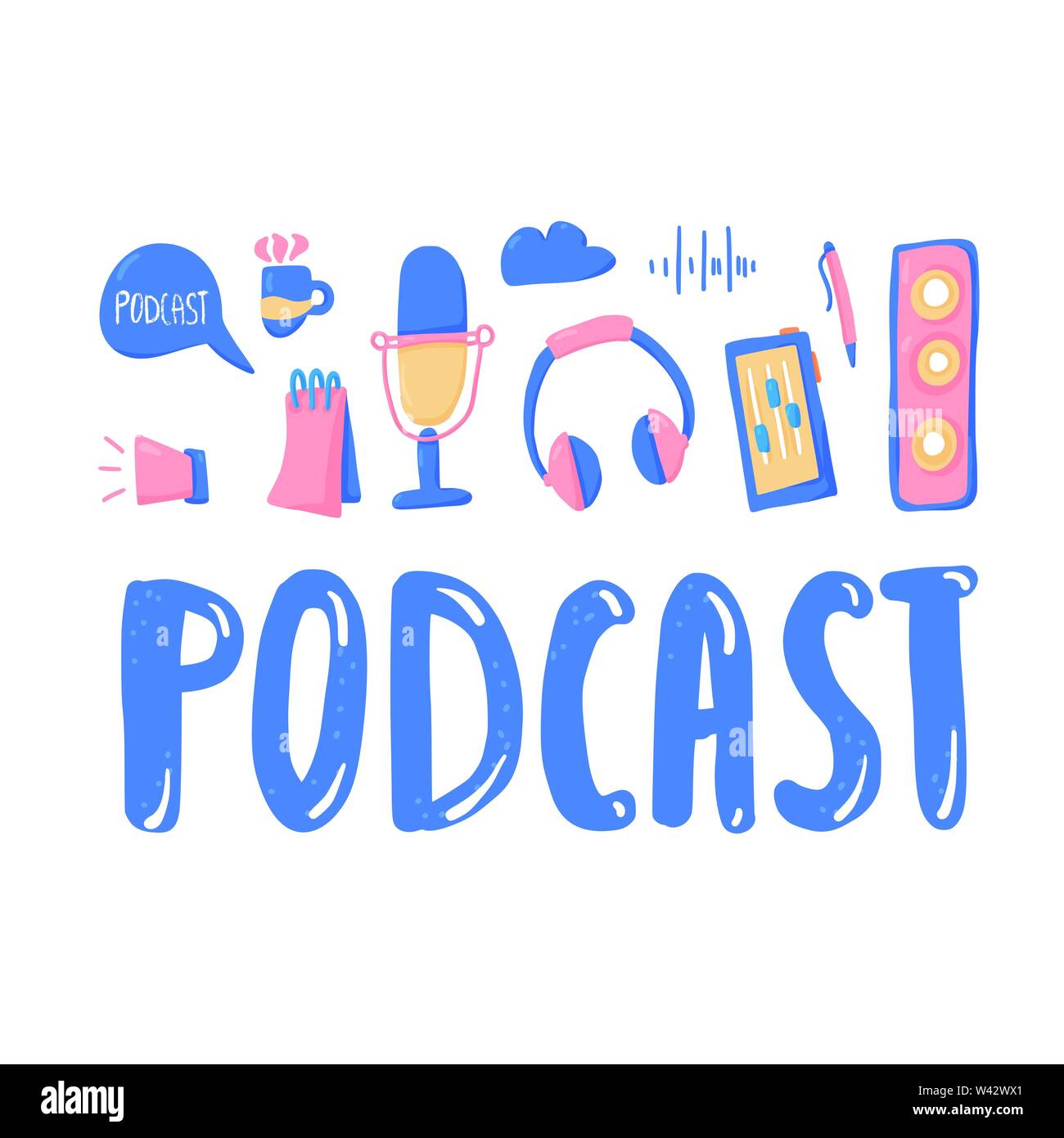 Podcast emblem with handwritten lettering and decoration. Text and ...