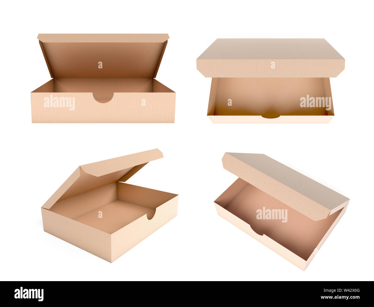 Flat brown paper boxes. Open cartons. 3d rendering illustration ...