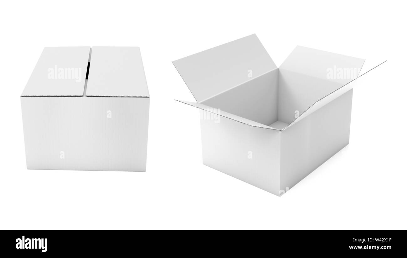 Closed and open white corrugated carton box. Big shipping packaging. 3d rendering illustration ...