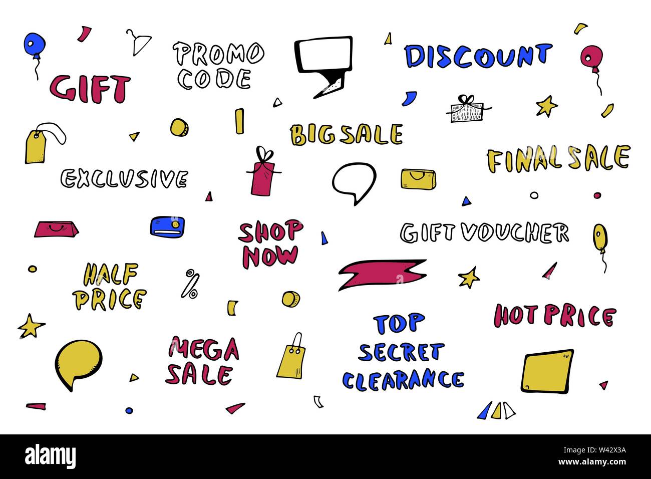 Vector set of sale phrases and objects for promotion banners ...