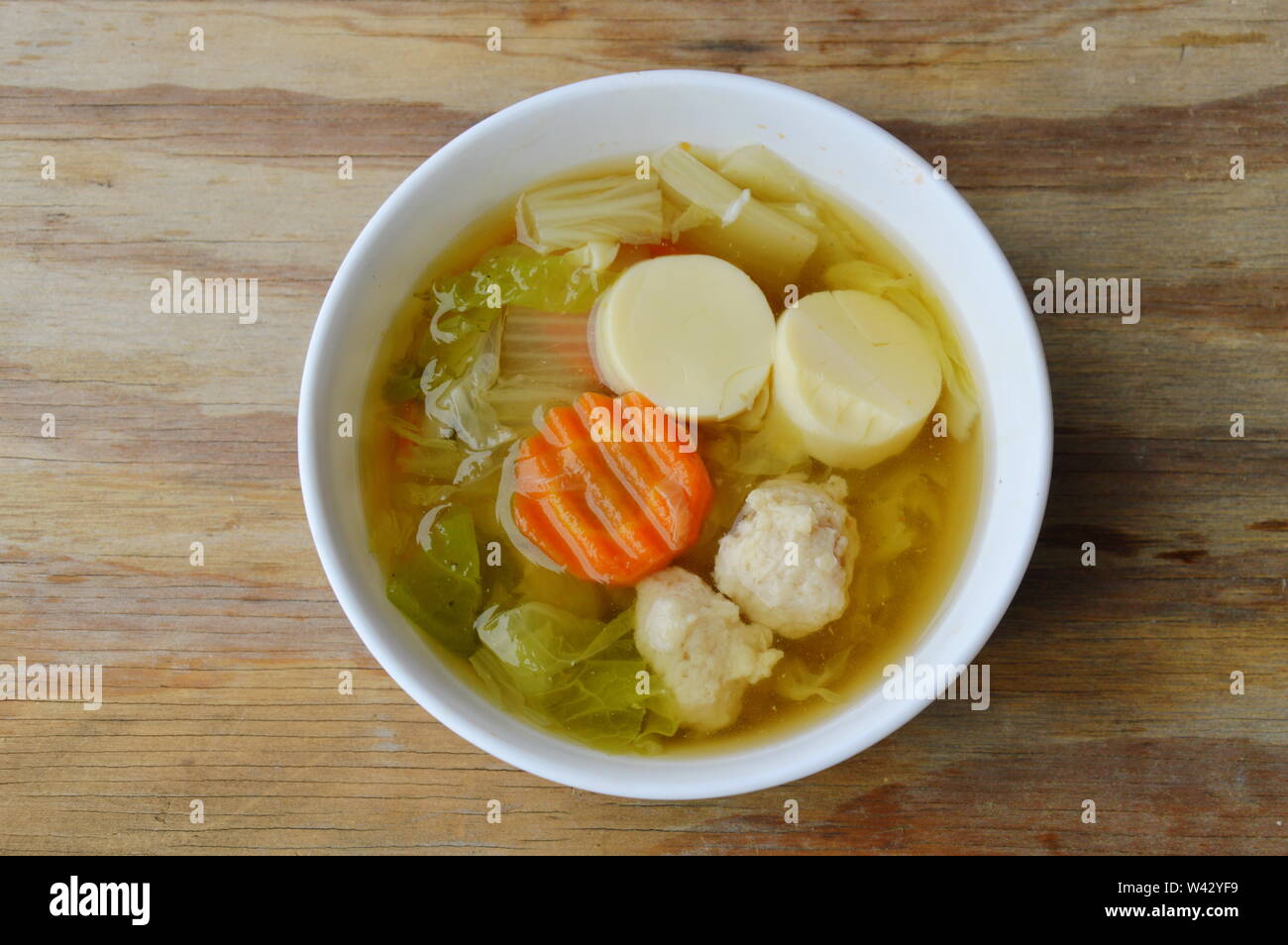 boiled Chinese cabbage with egg tofu and minced pork soup Stock Photo ...