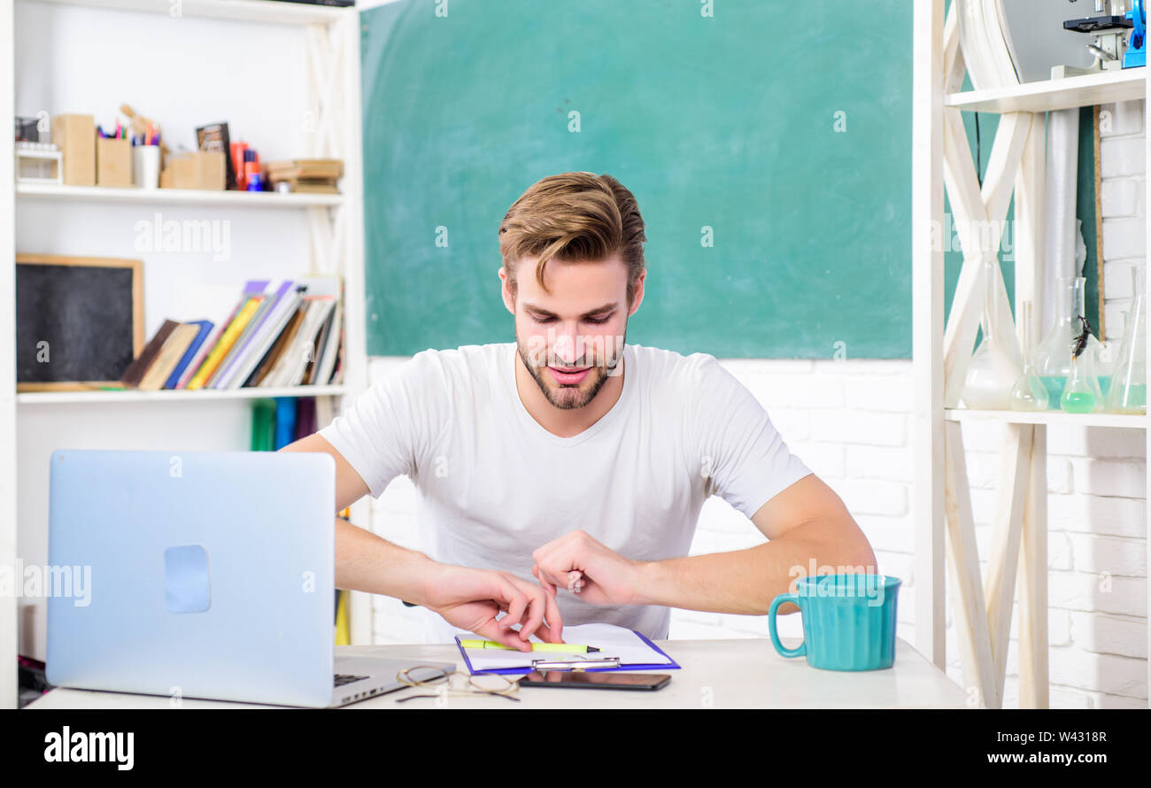 Digital technology. Apply online programming course. Handsome man use ...