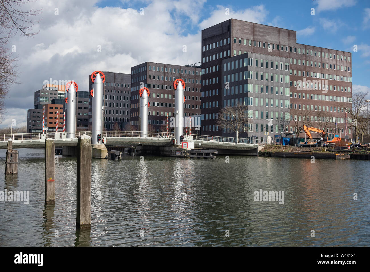Dutch canal in city Utrecht with drawbridge and office buildings Stock ...