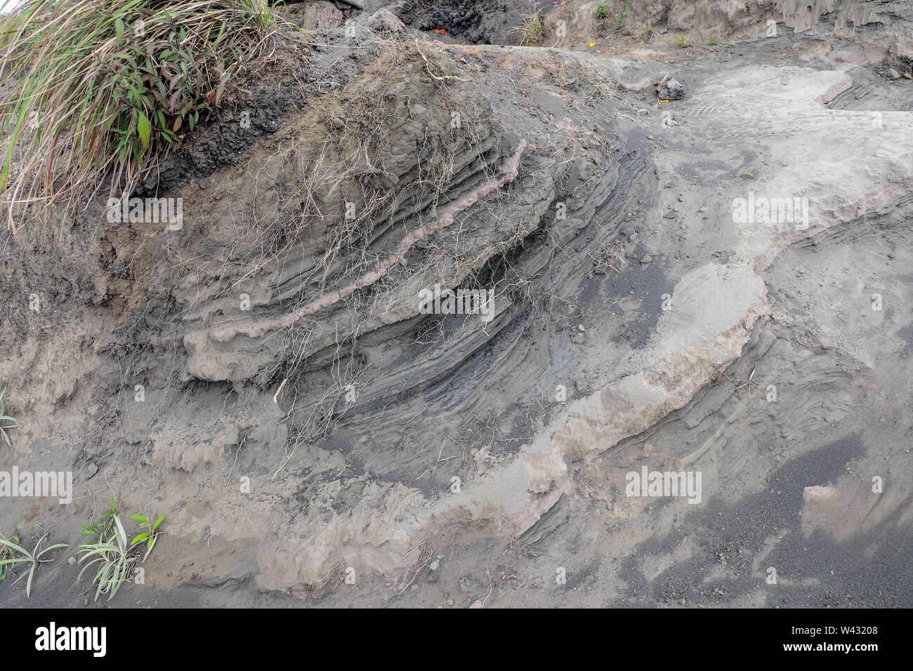 Weathered rock and layers of volcanic ash, dust, sand and lava. Stiff ...