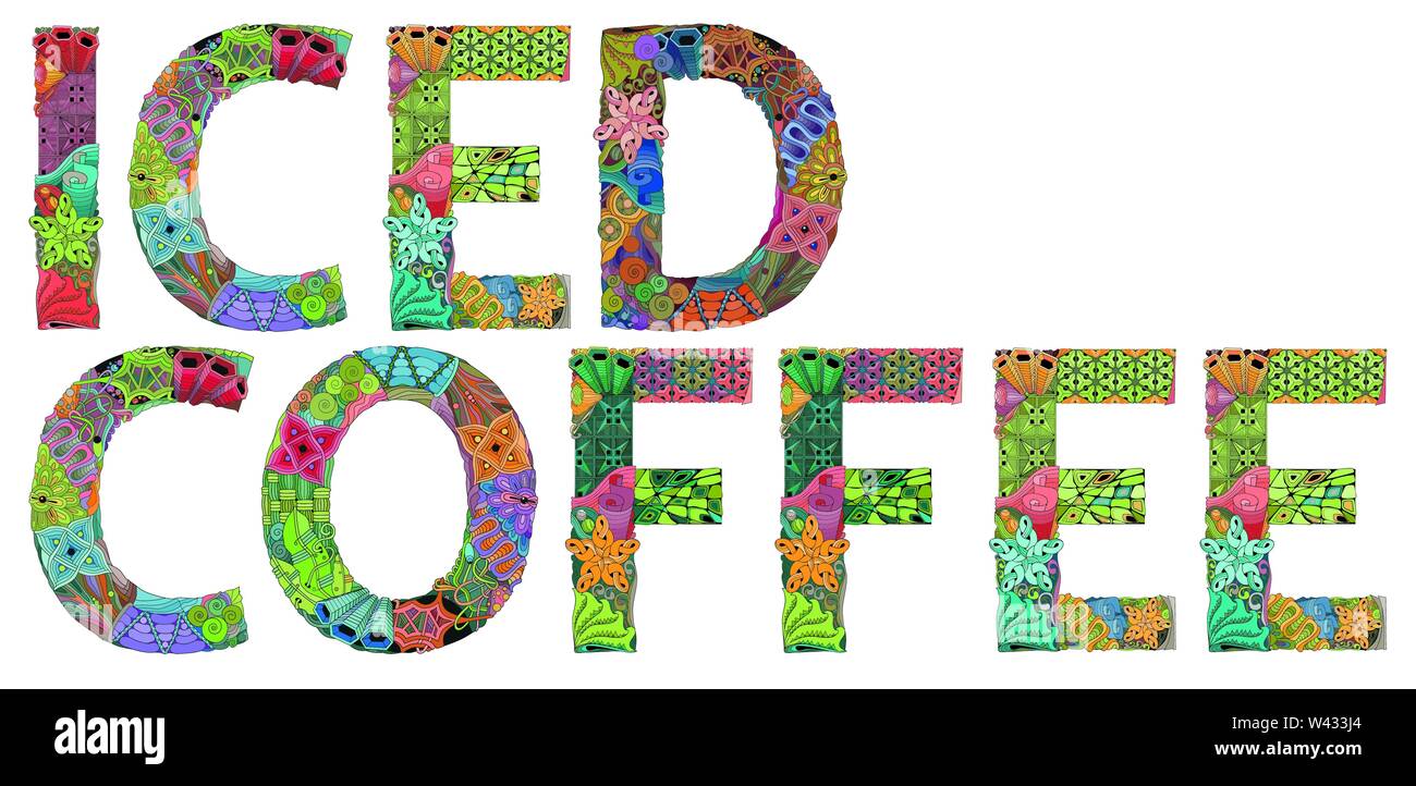 Hand-painted art design. Hand drawn illustration words ICED COFFEE for ...