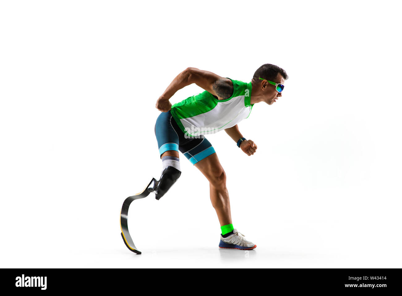 Athlete with disabilities or amputee isolated on white studio ...