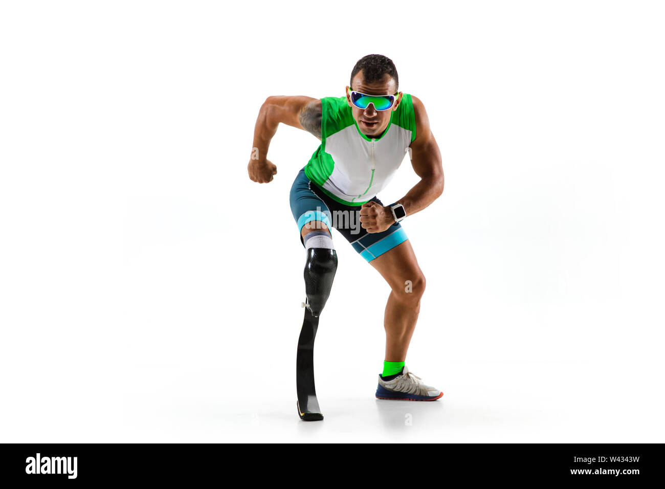 Athlete with disabilities or amputee isolated on white studio ...