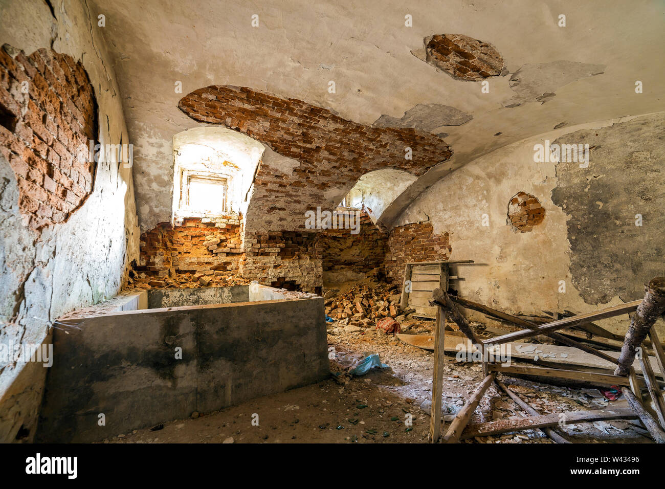 Old forsaken empty basement room of ancient building or palace with ...