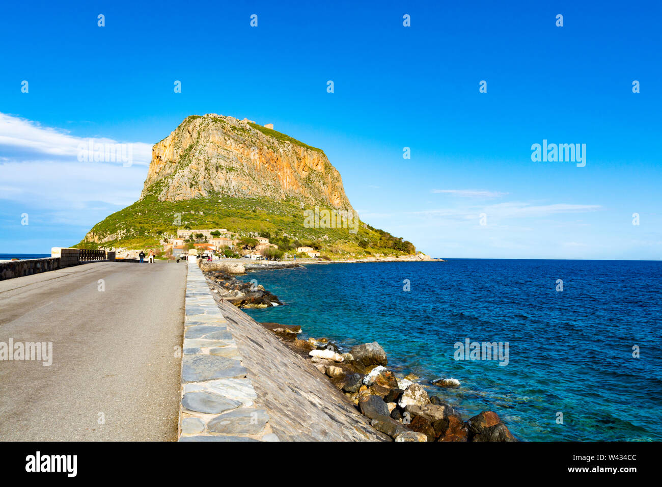 Protected ancient fortress and town on island rock Monemvasia, view ...