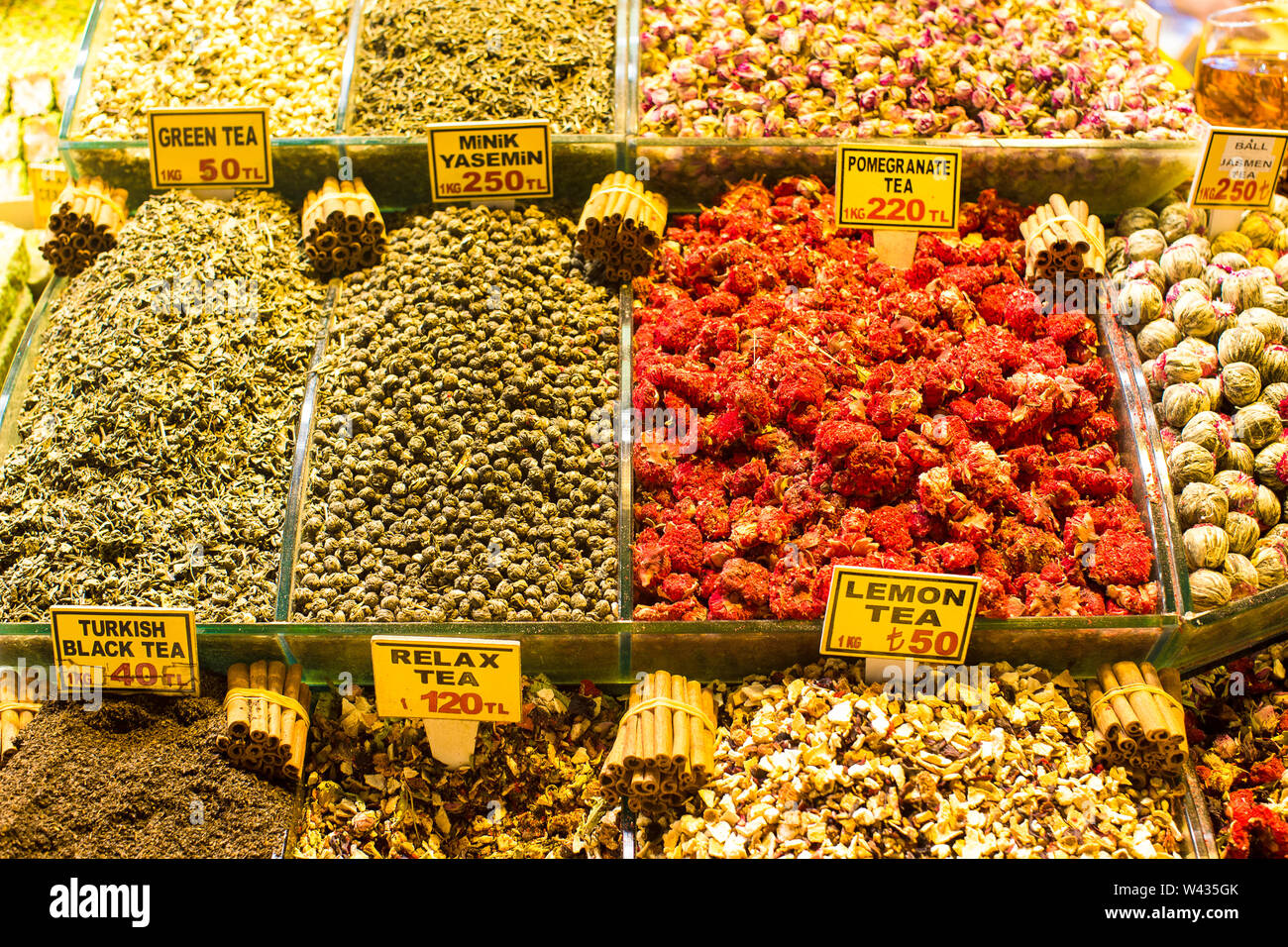 Different sorts of tea on the Egyptian bazaar in Istanbul Stock Photo ...