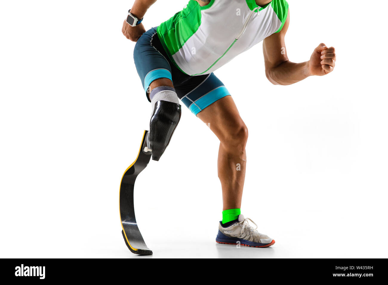 Athlete with disabilities or amputee isolated on white studio ...