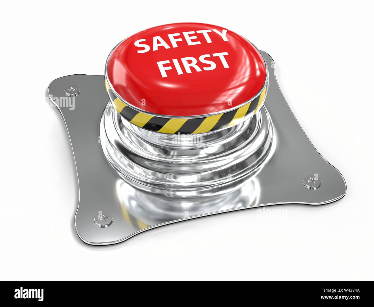 3D render of metal push button with red upper face and white text ...