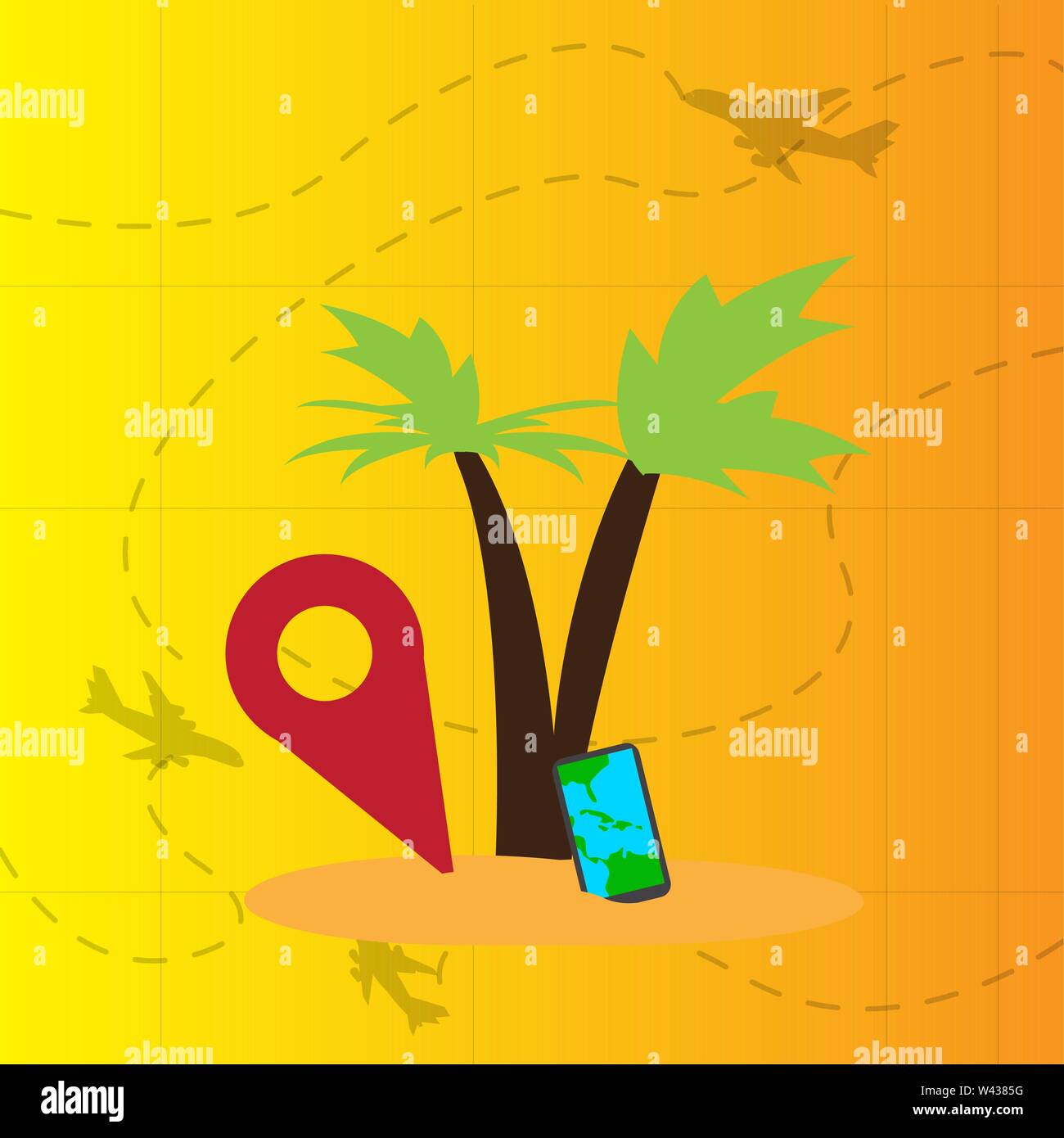 Isolated palm tree, map pin and smartphone. Travel and tourism - Vector ...
