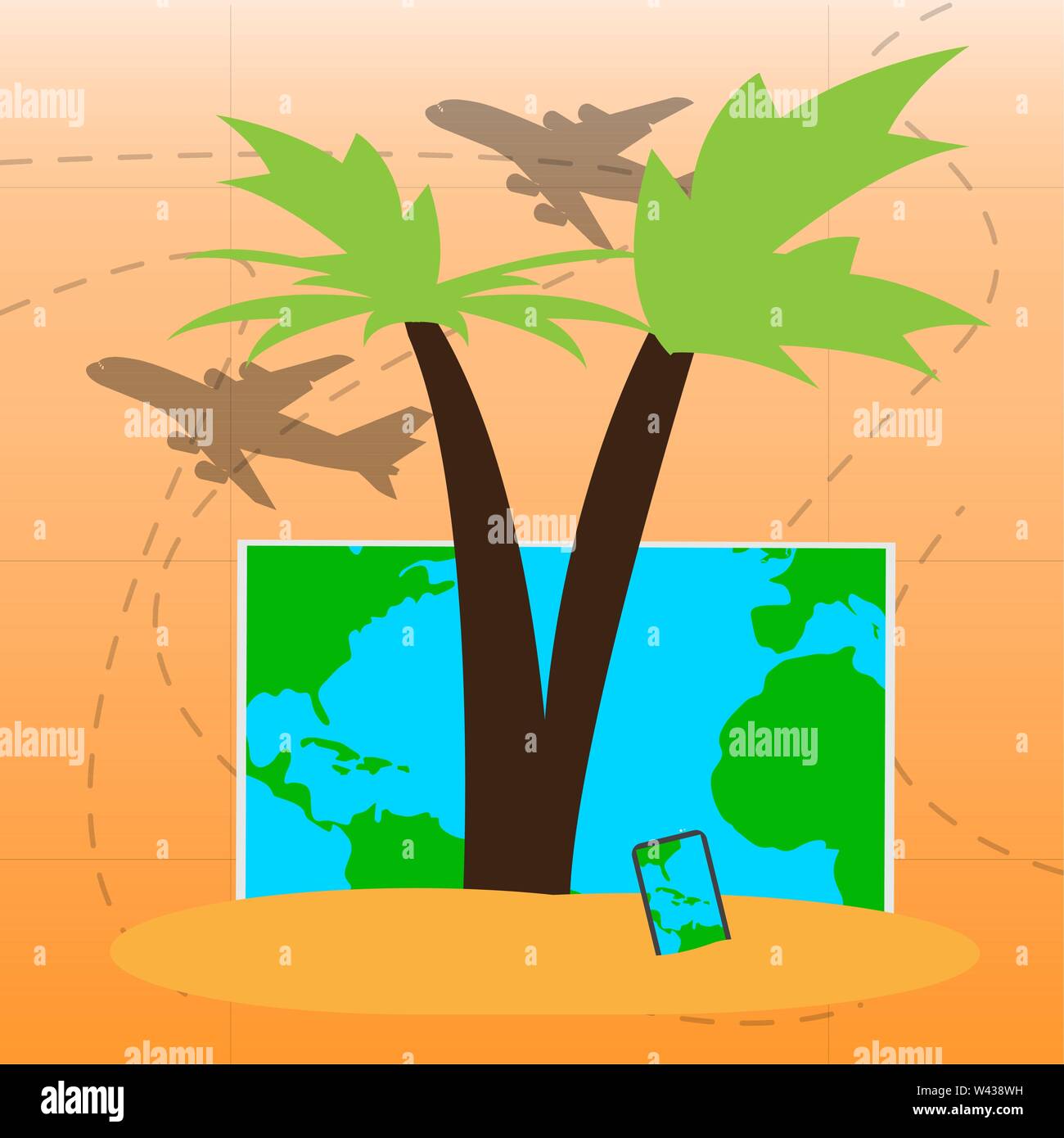 Isolated palm tree, map and smartphone. Travel and tourism - Vector ...