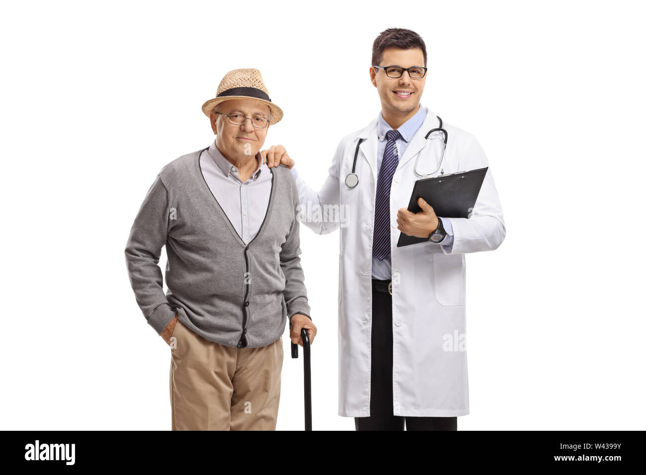 Senior male patient and a doctor isolated on white background Stock ...