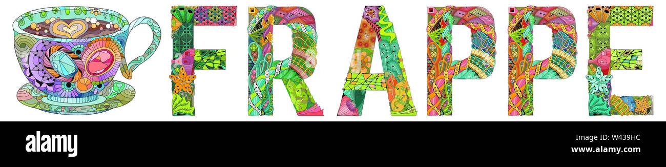 Hand-painted art design. Hand drawn illustration word FRAPPE with cup ...