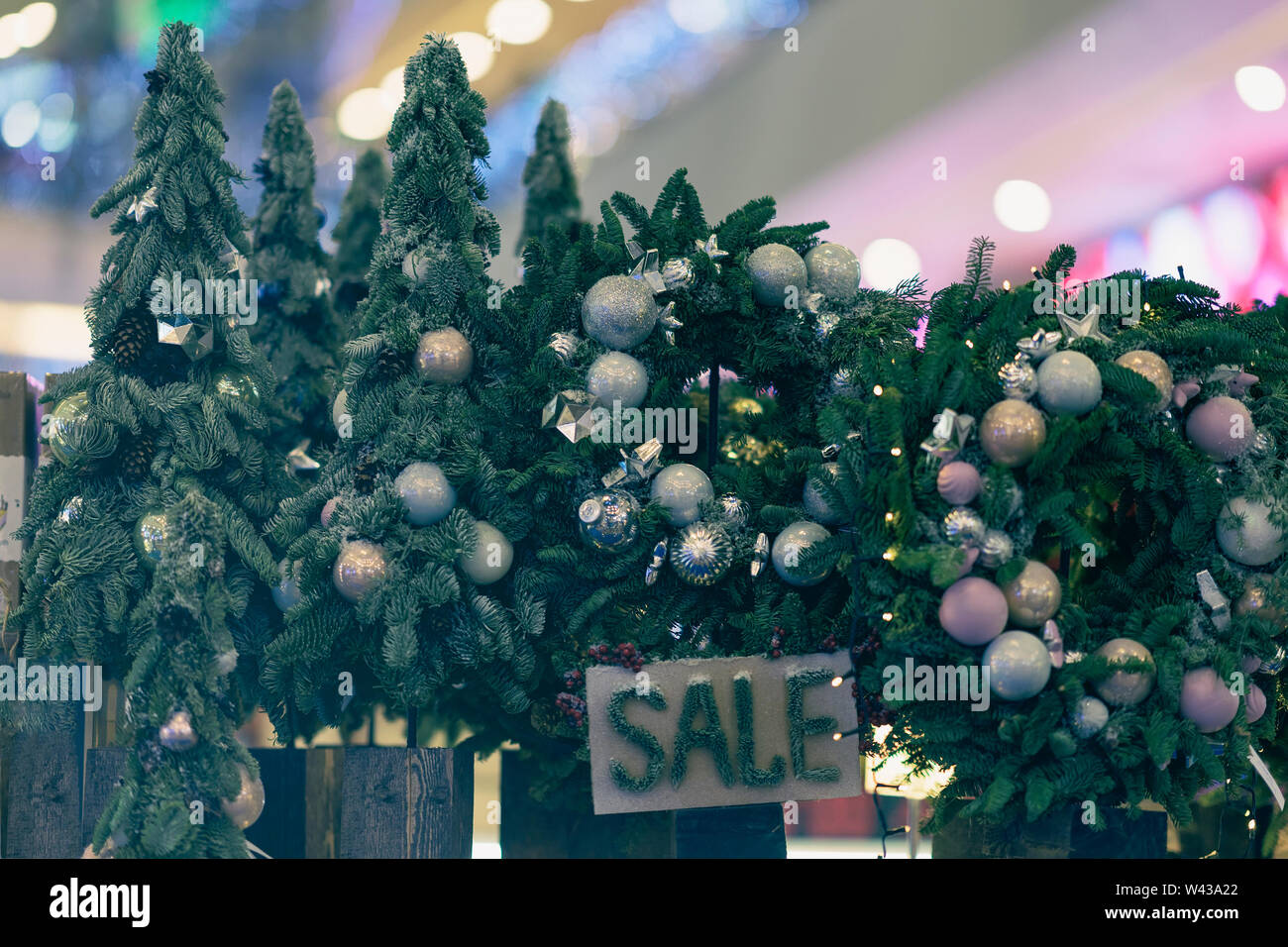 Christmas trees sale in market, holiday trade Stock Photo - Alamy