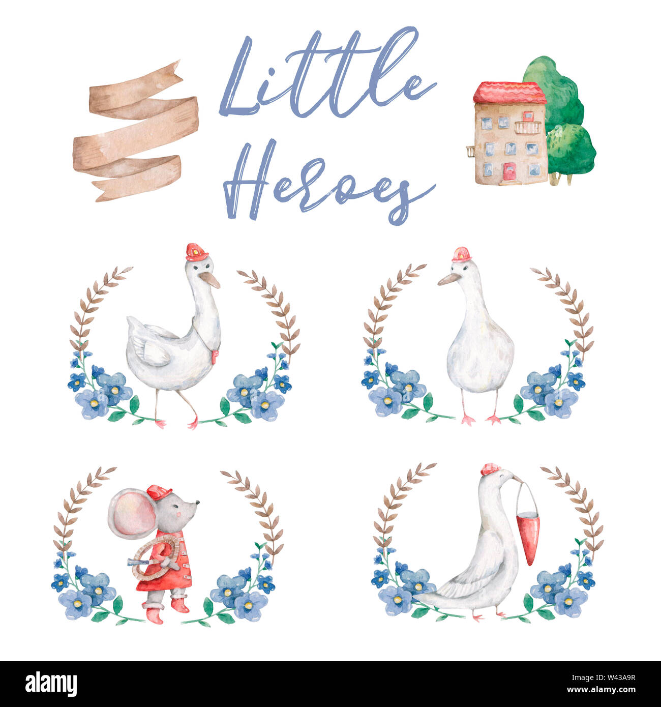 cute little mouse, goose and duck watercolor illustration set in floral ...