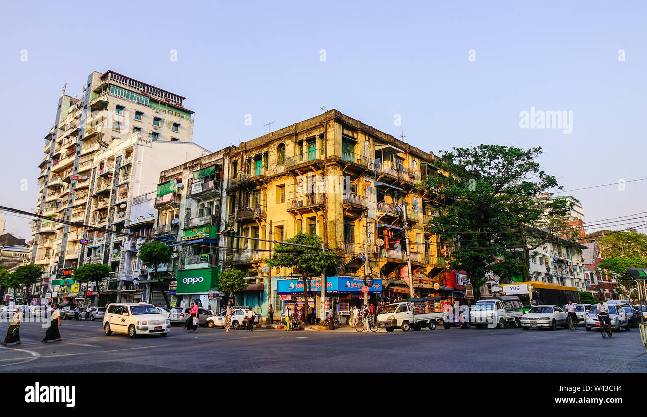 Yangon, Myanmar - Feb 13, 2017. British colonial buildings located at ...
