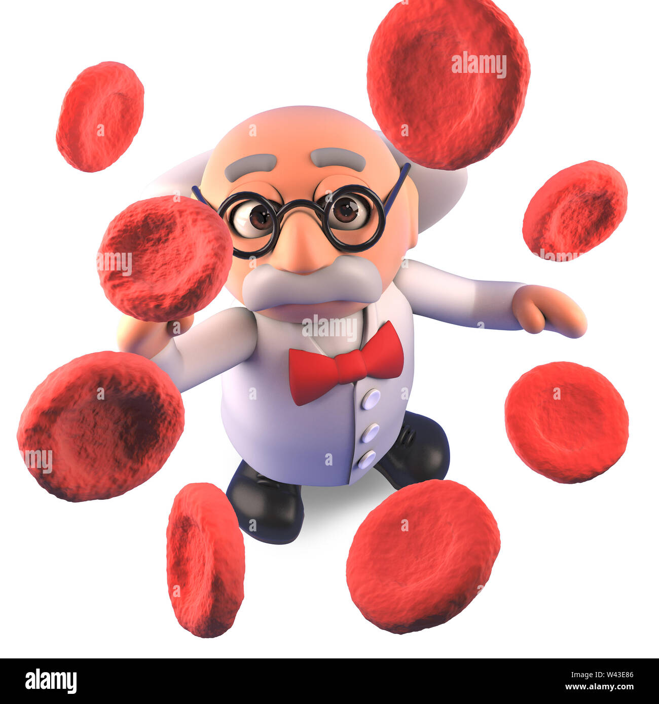 Cool mad scientist professor character studying up close blood cells ...