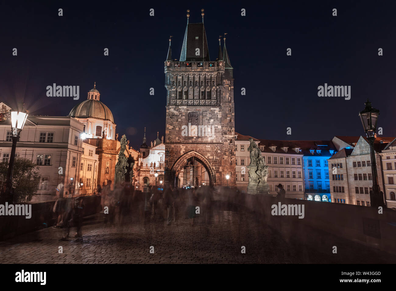 Prague, Czech Republic. Charles Bridge (Karluv Most) and Old Town Tower at night. Travel Stock ...