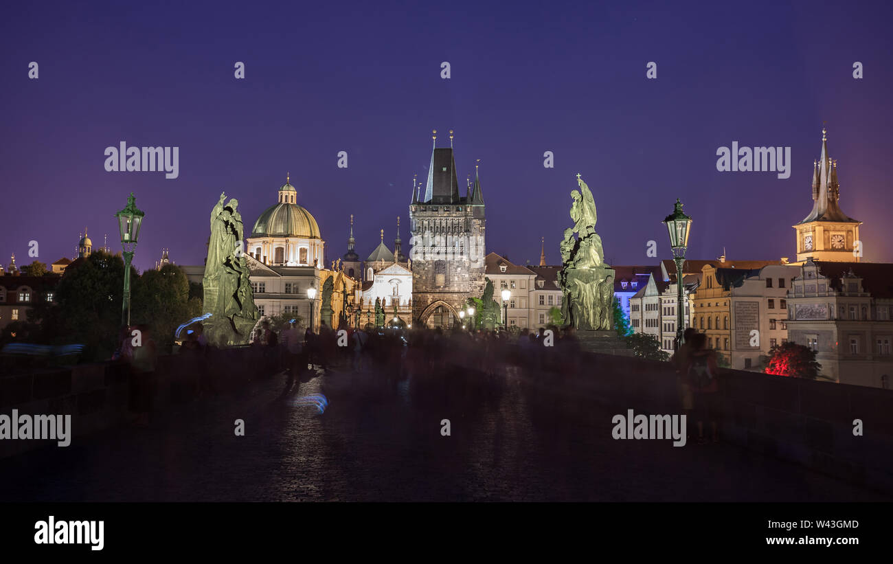Prague, Czech Republic. Charles Bridge (Karluv Most) and Old Town Tower at night. Travel Stock ...