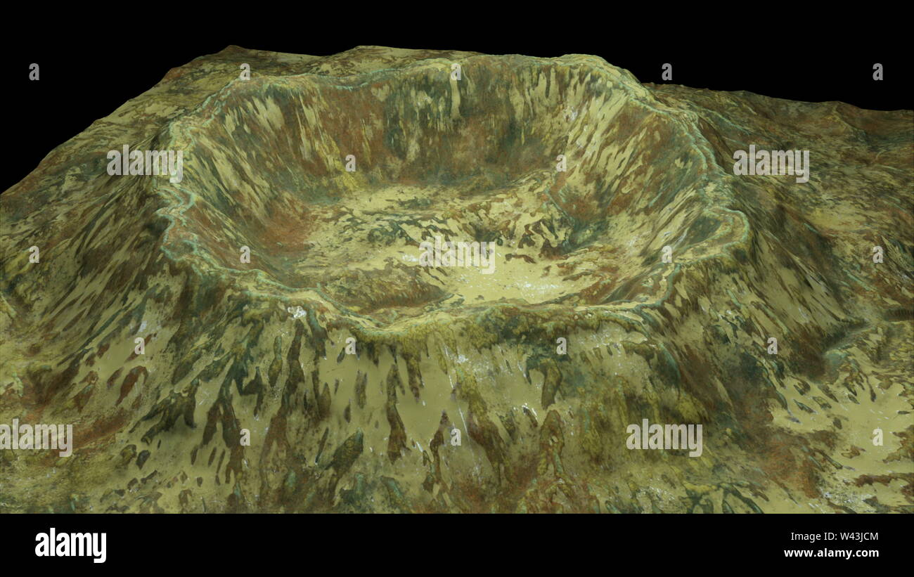 Modern 3d render crater with snow and green surface, this in piece of ...
