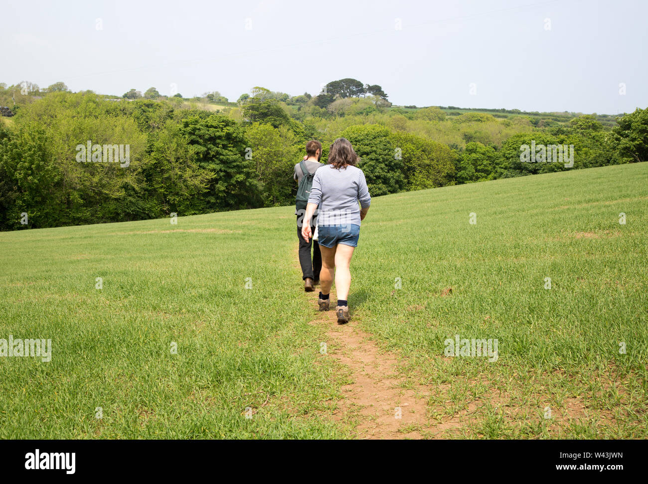 Two people walking on path across a field, St Keverne, Cornwall ...