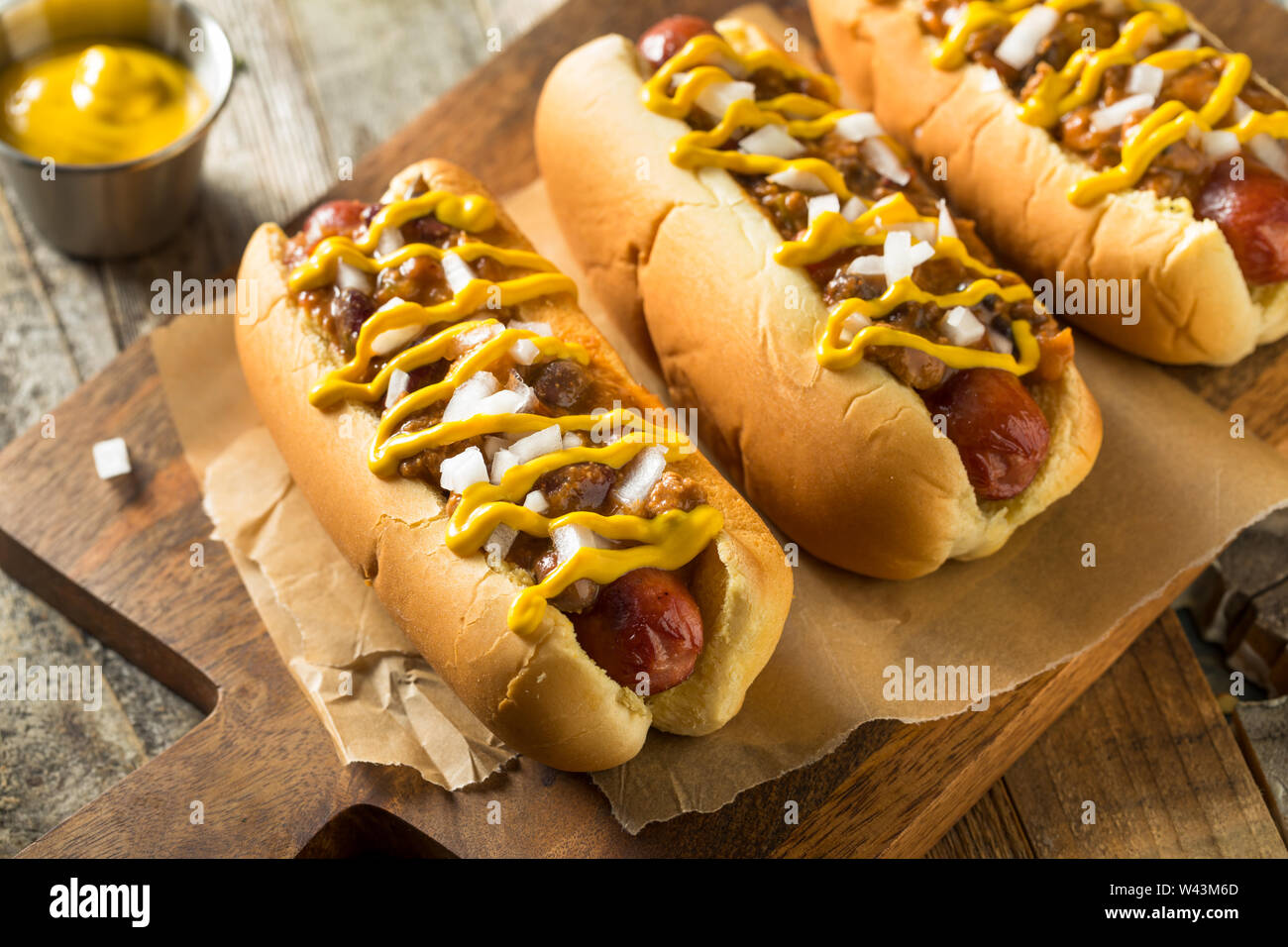 Homemade Detroit Style Chili Dog with Mustard and Onion Stock Photo - Alamy